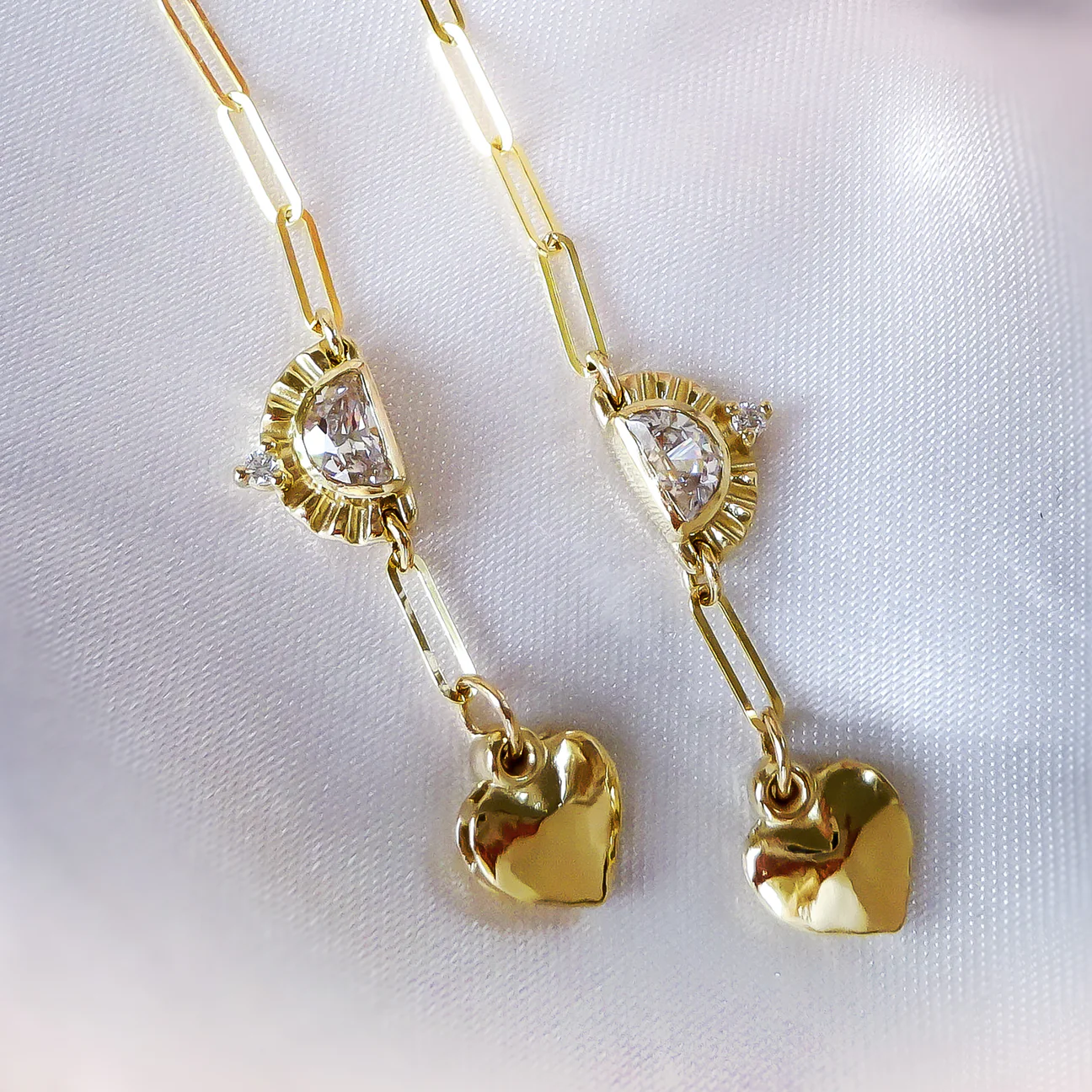 Gold Sun & Moon Diamond Heart dangle Earrings in Solid Gold