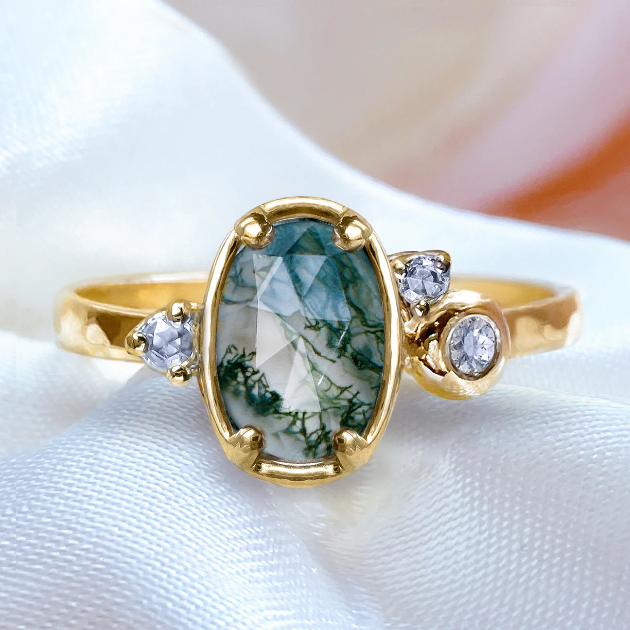Fairytale Moss Agate Diamond Cluster Unique Engagement Ring
